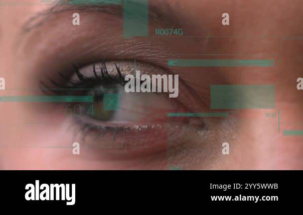 Closed eye with digital data processing animation over eyelid and ...