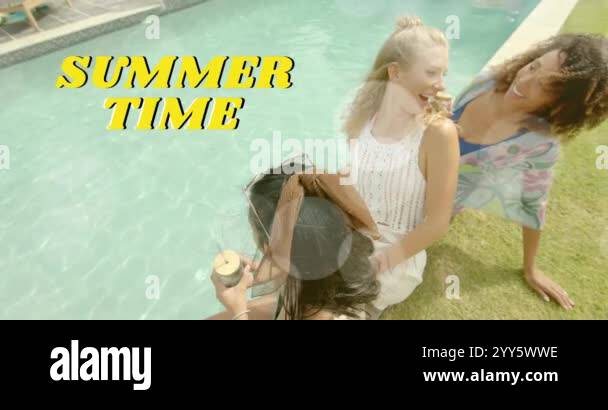 Text animation saying Summer Time over friends relaxing by pool ...