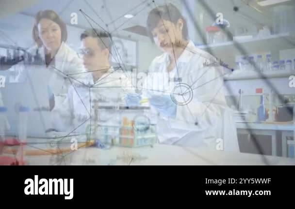Conducting research in lab, scientists analyzing data with network connections animation ...