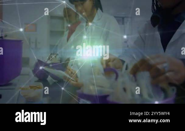 Scientists working in laboratory with network of connections and data processing animation ...