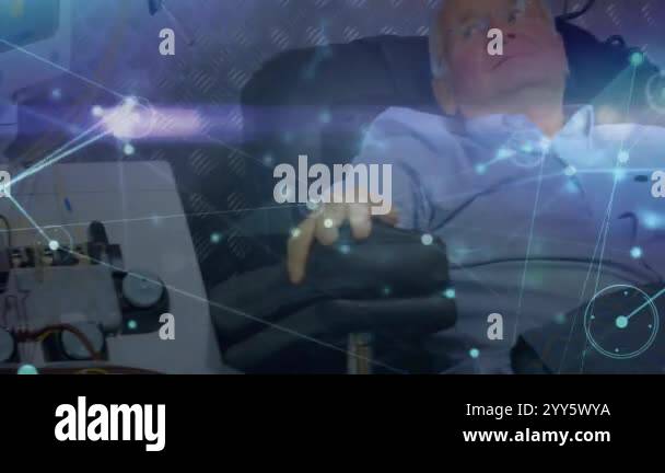 Working with electronics, person surrounded by network connections and ...