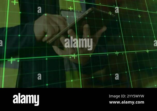 Using tablet, person with grid and data points animation over screen. Technology, innovation ...