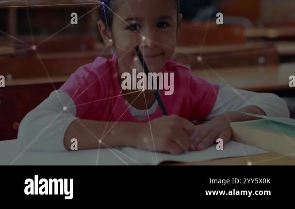 Smiling girl writing in classroom with network connections animation ...
