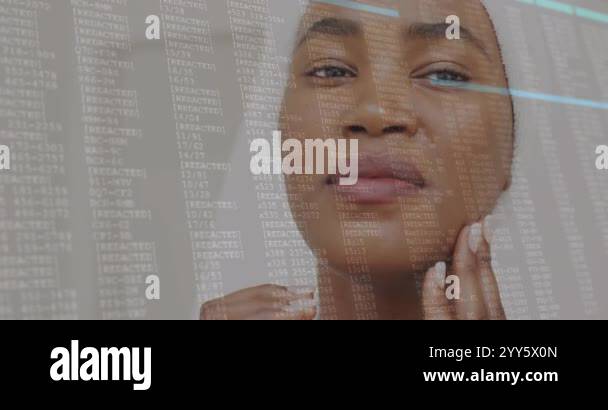 Touching face and smiling, woman over data processing animation with ...