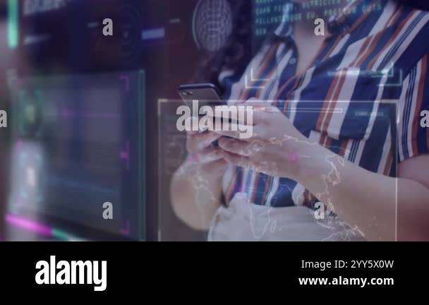 Using smartphone, woman interacting with digital interface animation ...