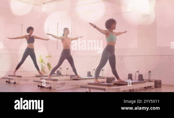 Women practicing Pilates on reformers, fitness and wellness animation ...