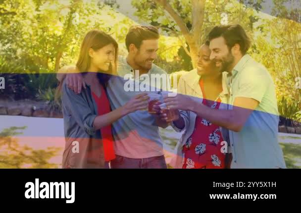 Toasting drinks outdoors with friends, animated flag colors in ...