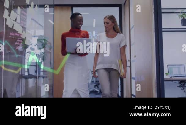 Business growth chart animation over two women discussing in modern office. discussion, analysis ...