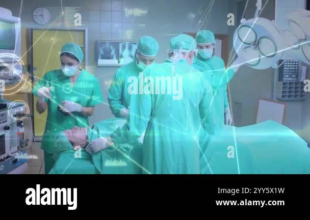 Medical data network animation over surgeons performing operation in ...