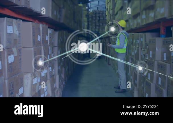 Organizing boxes in warehouse, network connections animation appearing ...