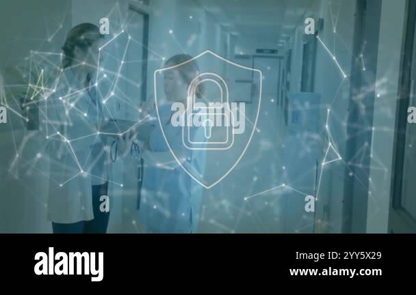 Discussing patient information, doctors over cybersecurity animation with lock and shield ...