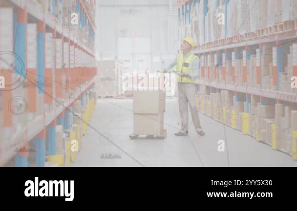 Warehouse worker pulling cart with boxes, network connections animation ...