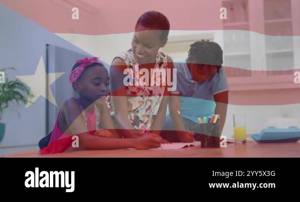 Puerto Rican flag animation over family studying together at kitchen ...