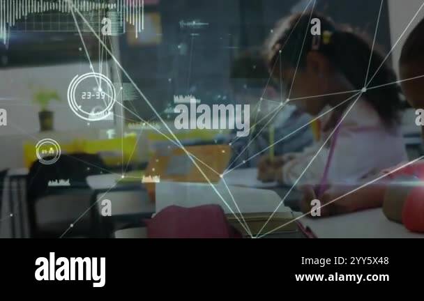 Studying in classroom, students with network connections and data ...