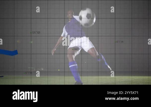 Graph and data analysis animation over soccer player jumping on field ...