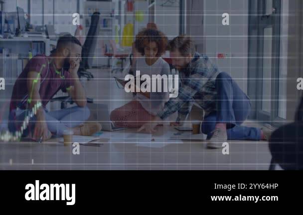 Financial data charts animation over diverse business team collaborating on floor. teamwork ...