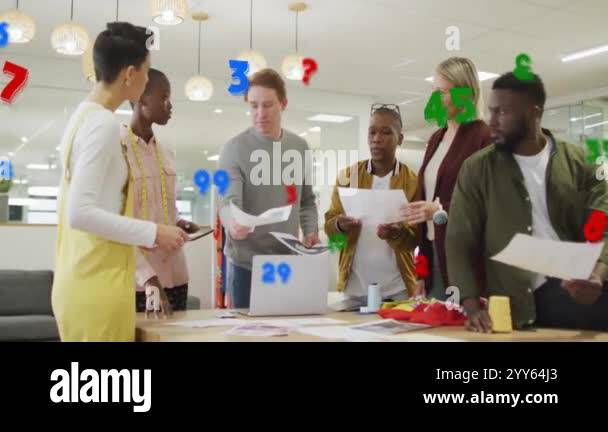 Numbers in various colors animation over diverse business team ...
