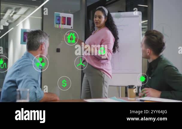 Presenting sustainability icons animation, woman discussing with colleagues in office. teamwork ...