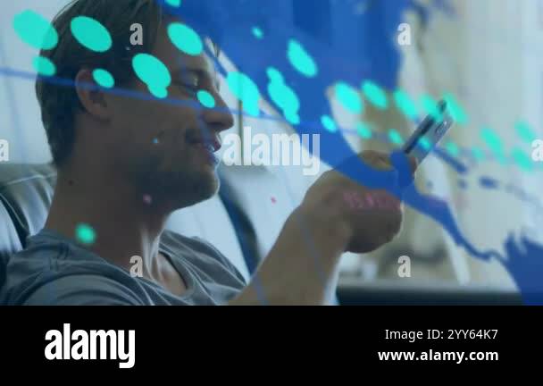 Digital data processing animation over person using smartphone in ...