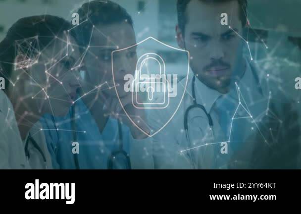 Discussing medical data, doctors with cybersecurity lock animation over ...