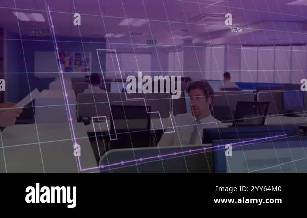 Graph animation playing over office workers discussing at their desks ...