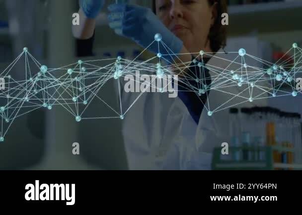 Examining Test Tube Scientist In Laboratory With Network Connections Animation Science