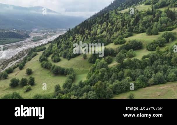 Aerial view of majestic Caucasus Mountains from Hatsvali Ski Resort ...