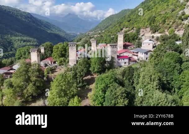 Aerial view of Svan towers, located in Svaneti region of Georgia ...