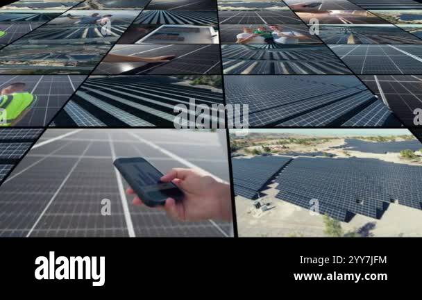 Video collage panorama solar panels ecological electricity ...