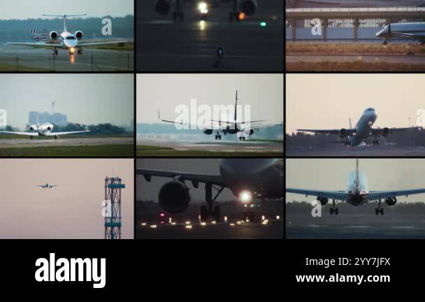 Video collage of transport and passenger flights by plane. Airplane ...