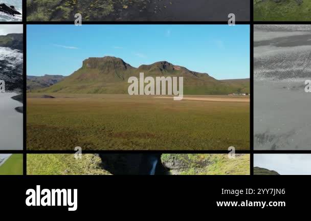 Video collage of aerial landscapes of the nature of Iceland. Ocean ...