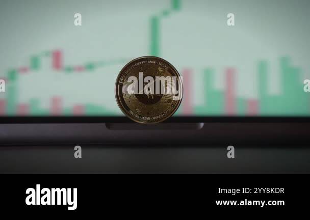 A cryptocurrency coin positioned in front of a detailed trading chart ...
