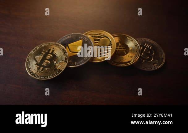 A beautifully arranged collection of popular cryptocurrency coins ...