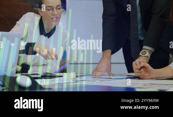 Analyzing documents with financial data animation, business people in office processing ...