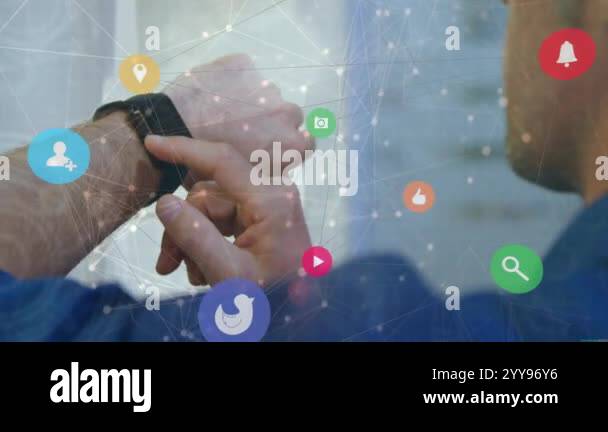 Checking smartwatch, person surrounded by social media icons and ...