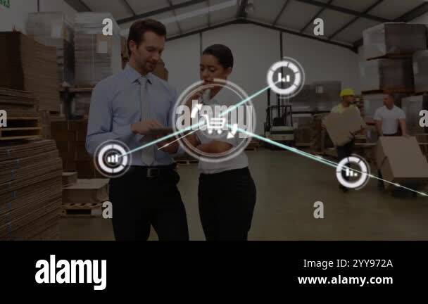 Discussing inventory, warehouse workers with network and logistics ...