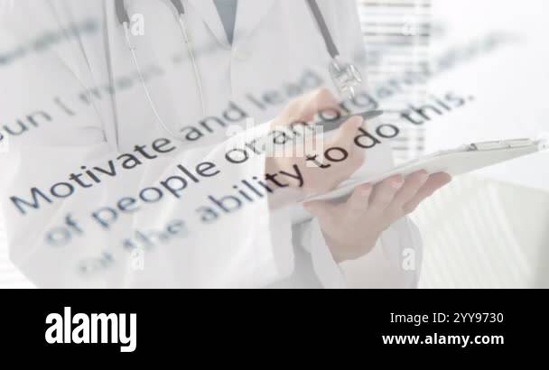 Holding clipboard, doctor with leadership definition animation overlaid ...