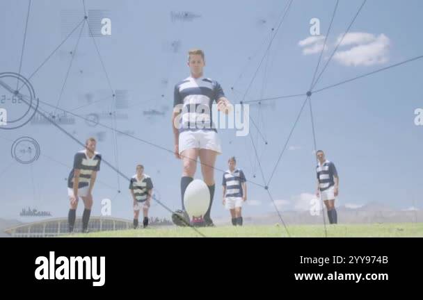 Rugby players on field with data processing animation over blue sky ...