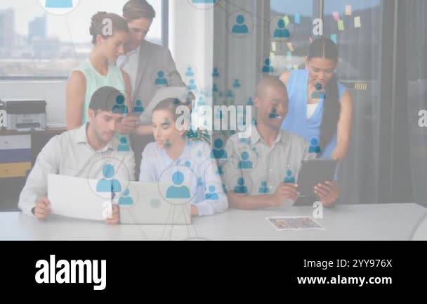Business team collaborating with network connections animation over ...