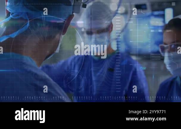 Surgeons operating in hospital with medical data processing animation ...