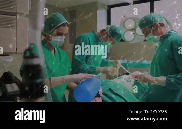 Medical team performing surgery with network connections animation over ...