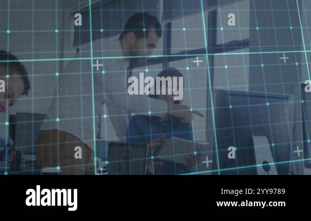 Grid and data points animation over business people working in office ...