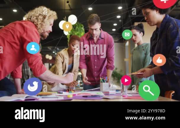 Business team collaborating over social media icons animation in modern ...