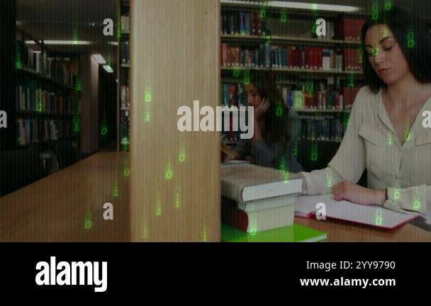 Binary code animation over students studying in school library ...