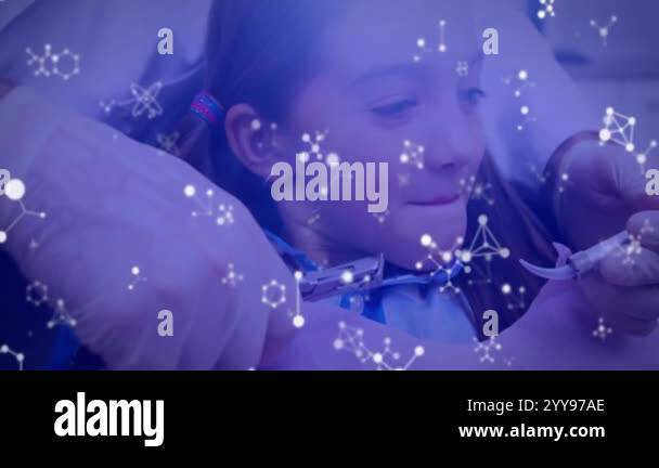 Receiving injection, child in medical procedure with molecular ...