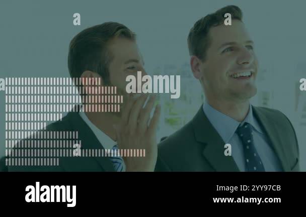 Smiling businessmen with bar chart animation on left side in office ...