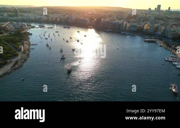 Aerial drone view of the walled city of Valletta, Malta, surrounded by ...