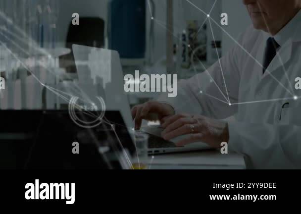 Working on laptop, scientist analyzing network connections animation in laboratory. Technology ...