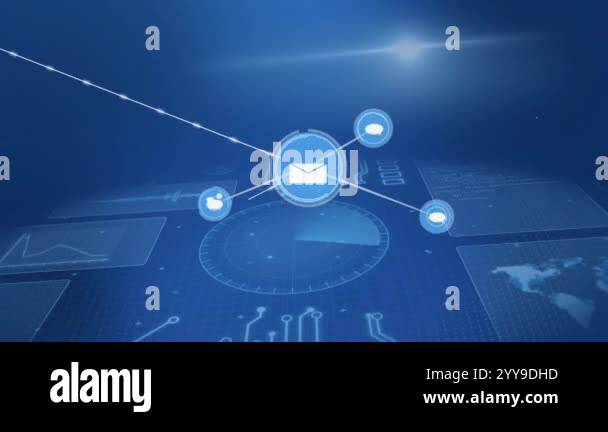 Email and social network icons connected by lines, digital ...