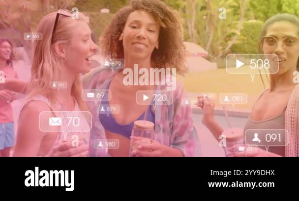 Social media notifications animation over smiling friends enjoying ...